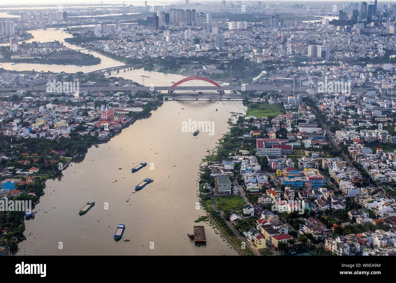 Vietnam, Ho Chi Minh (Saigon) seen from a plane, Saigon river Stock ...