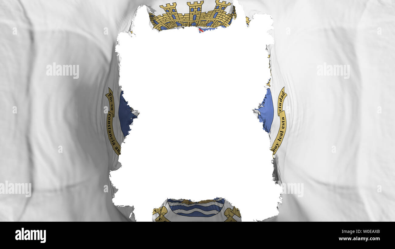 Ripped San Juan city, capital of Puerto Rico flying flag, over white ...