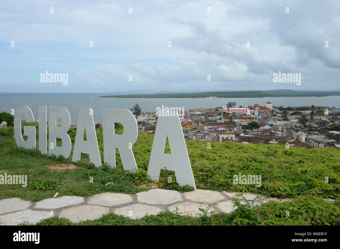 Cuba, Holguin area, GIBARA, a giant sign bearing the name of the city ...