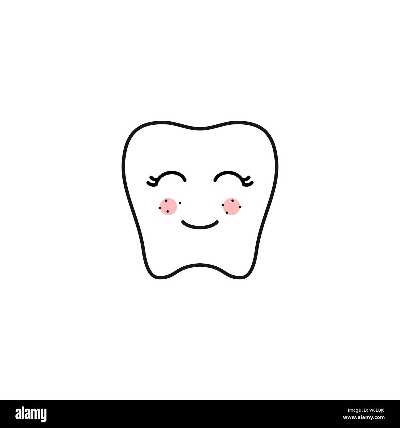 kawaii tooth contour Line. Vector illustration of Happy tooth Face ...