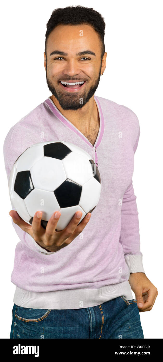 Happy smiling african man showing football Stock Photo - Alamy