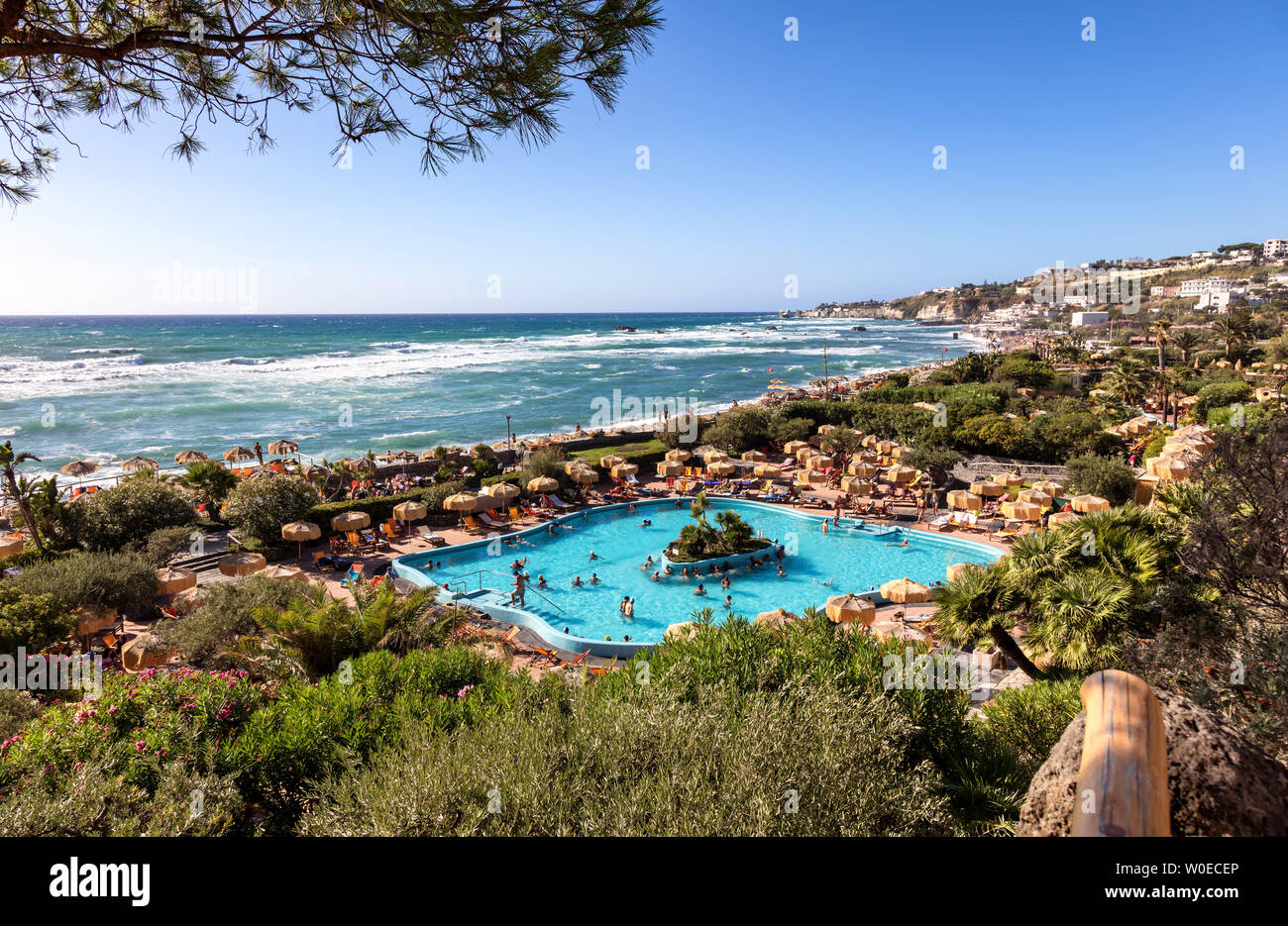 View of the beach and the sea from the Poseidon thermal baths, Ischia ...
