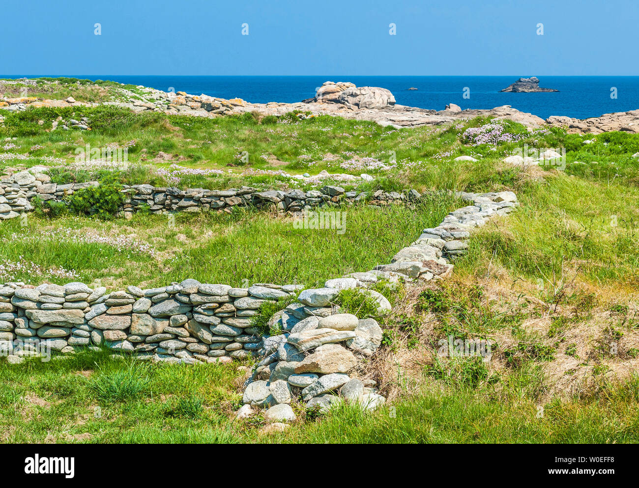France, Brittany, Ile de Sein, old fields protected by low walls made ...