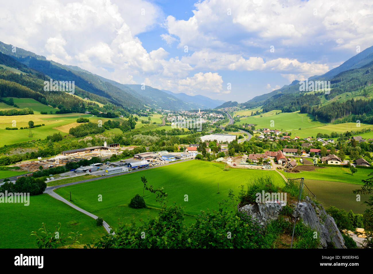 Beautiful valley in the Austrian Alps with little town, meadows and ...