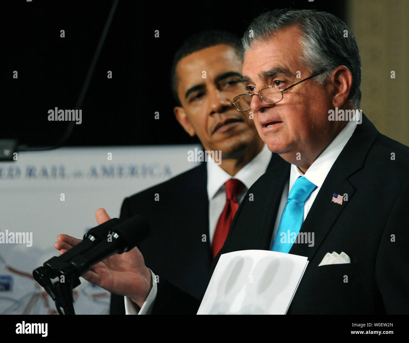 U.S. President Barack Obama listens as Secretary of Transportation Ray ...