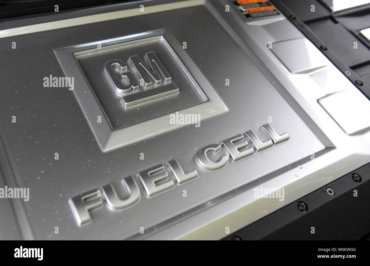 A GM Fuel Cell logo is seen during a demonstration of Energy-efficient ...