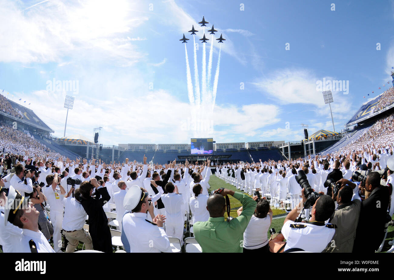 The Navy Blue Angels fly over at the start of the U.S. Naval Academy ...