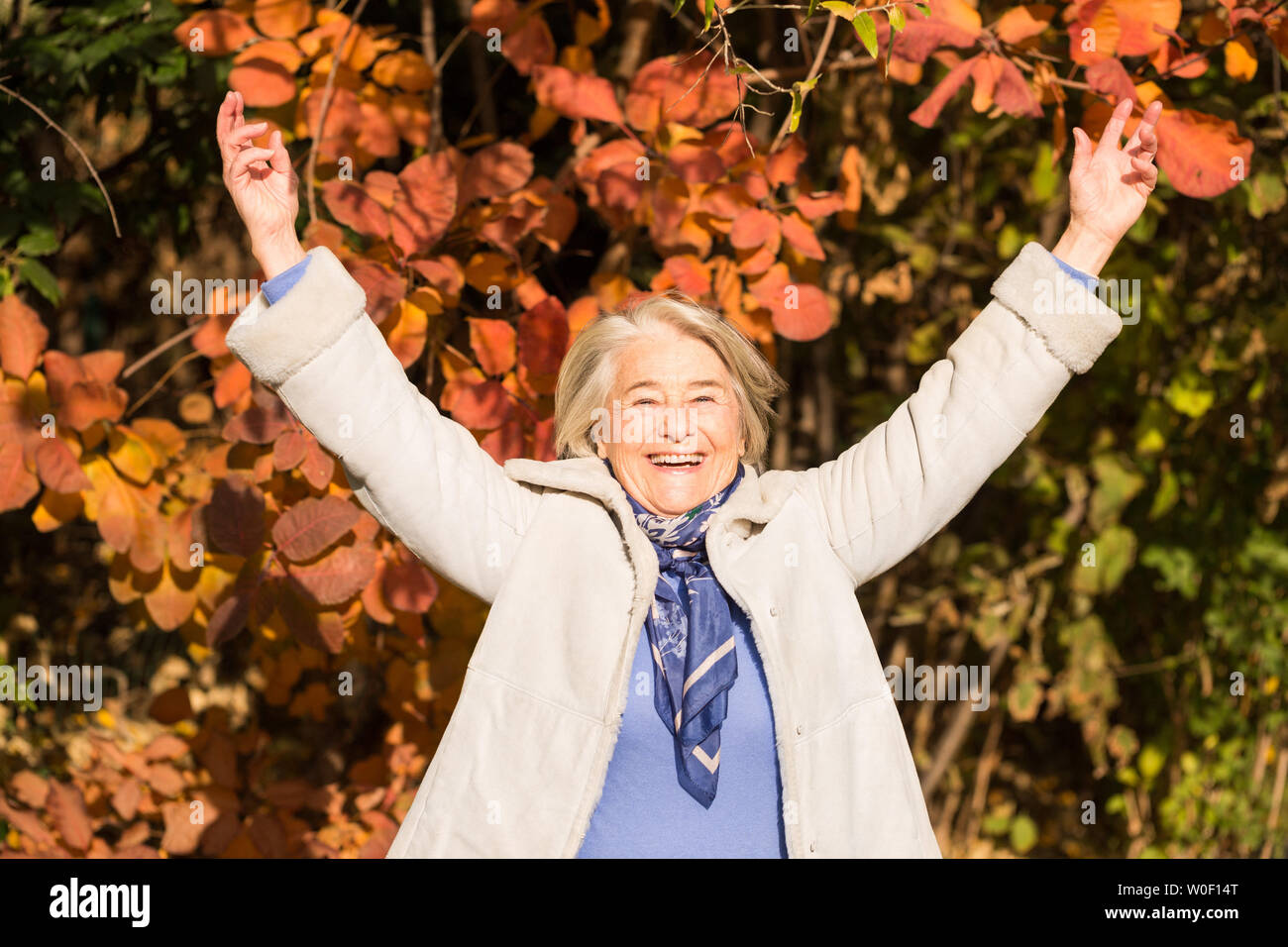 View of a pretty smiling grandma arms in the air in nature in autumnal ...