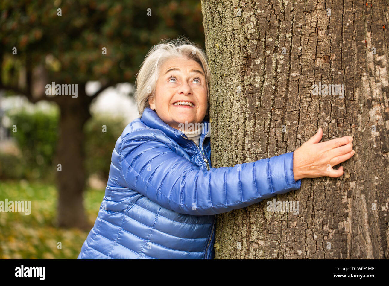 Portrait of a pretty senior woman hugging a tree Stock Photo - Alamy