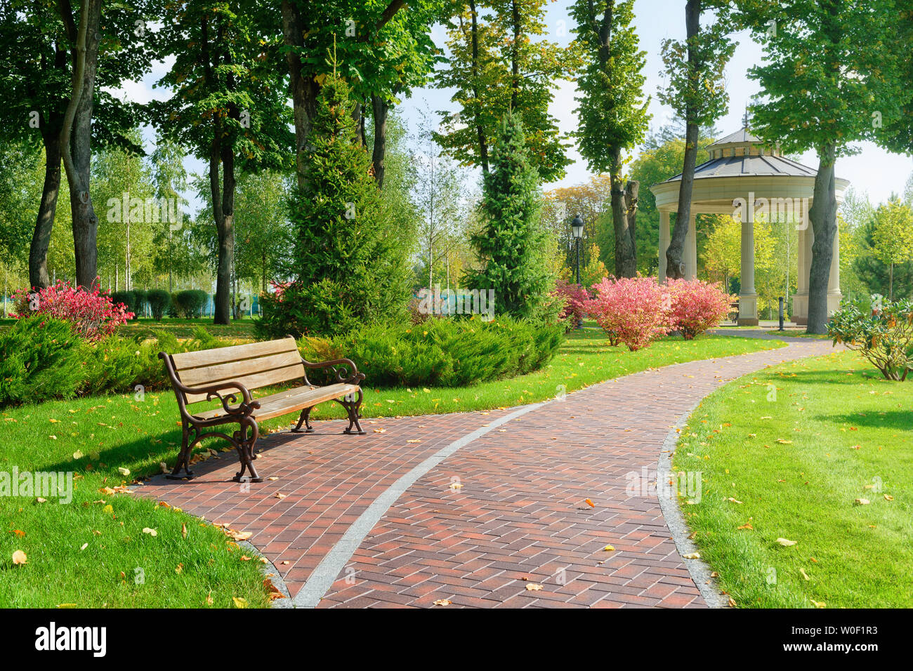 Sunny day in the park with bench and walkway Stock Photo - Alamy