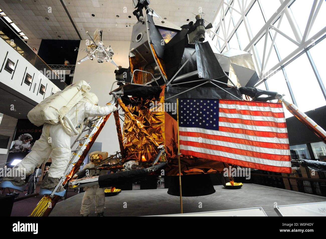 A mock-up of the Apollo Lunar Module on the moon is displayed at the ...