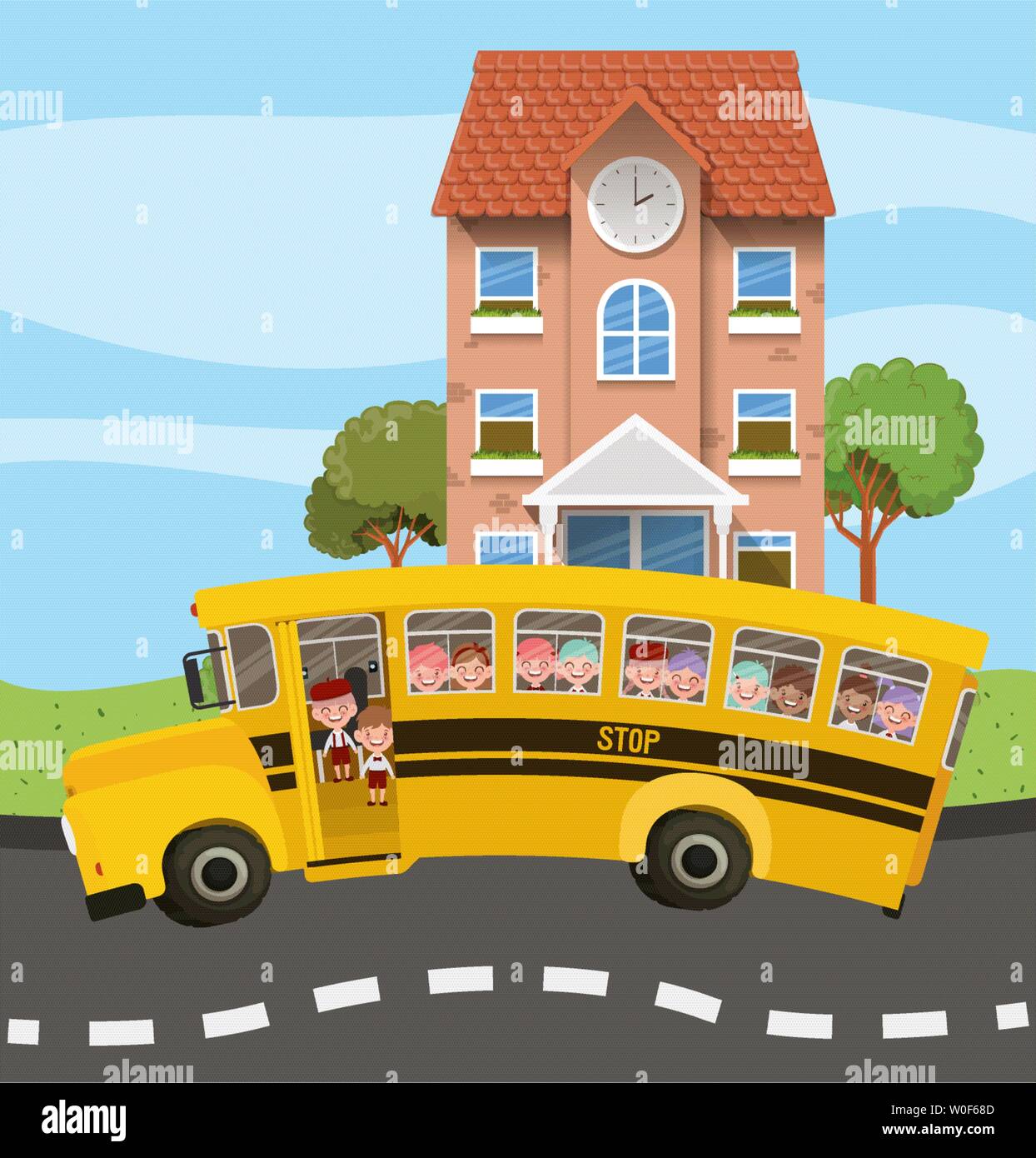 school building and bus with kids in the road scene Stock Vector Image ...