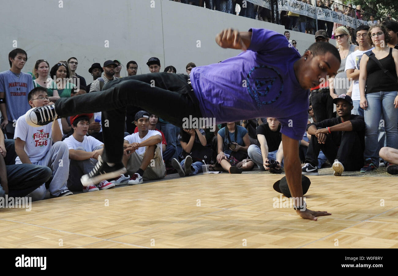Dancers compete in a break-dance competition at the Crafty Bastards ...