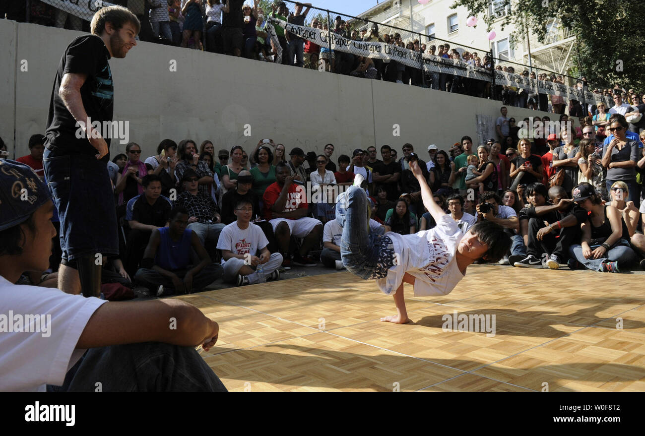 Dancers compete in a break-dance competition at the Crafty Bastards ...