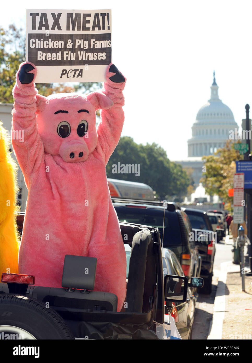PETA demonstrators in a pig and chicken costume call for a tax on meat ...