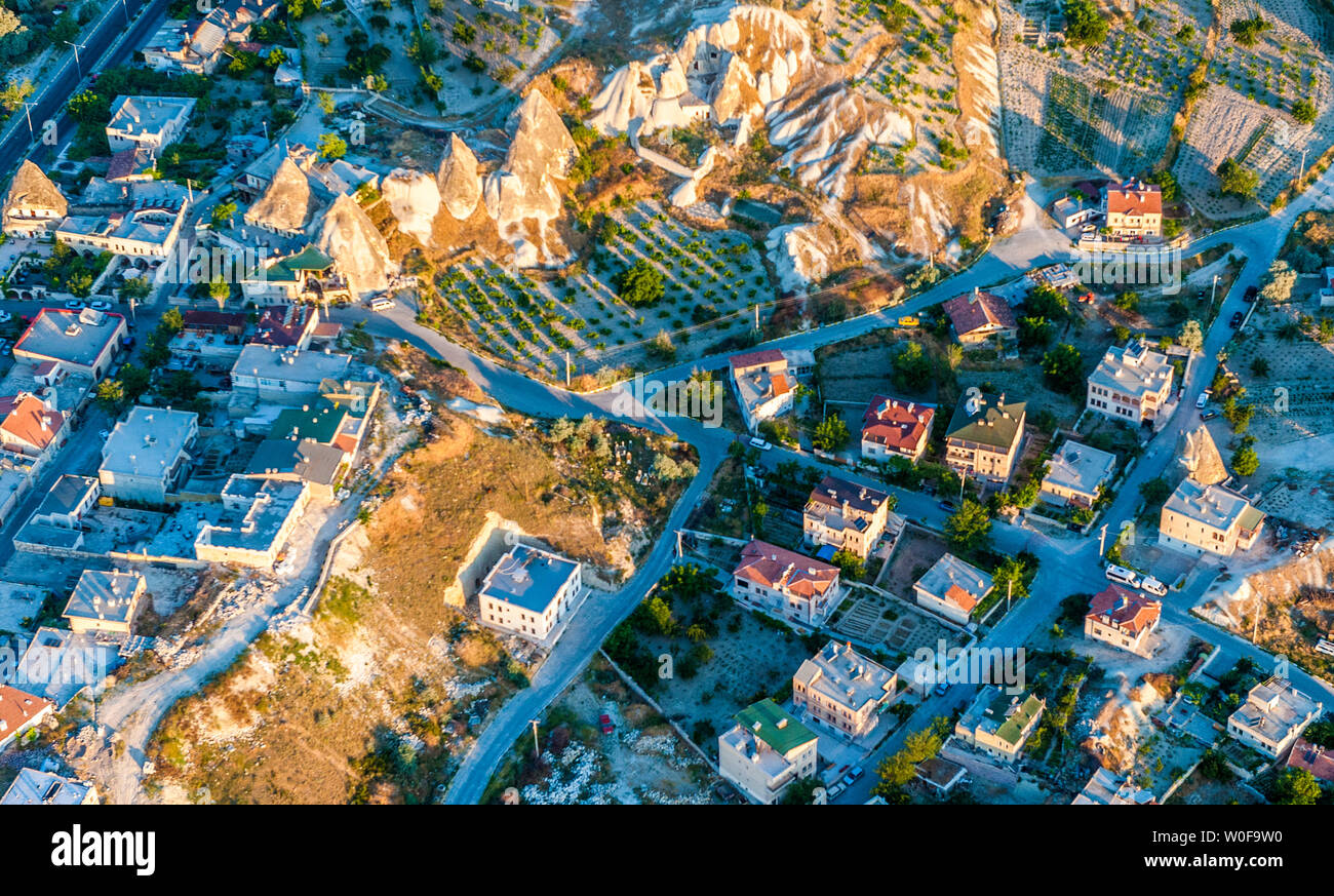 Turkey, Goreme National park and rock sites of Cappadocia, aerial view ...