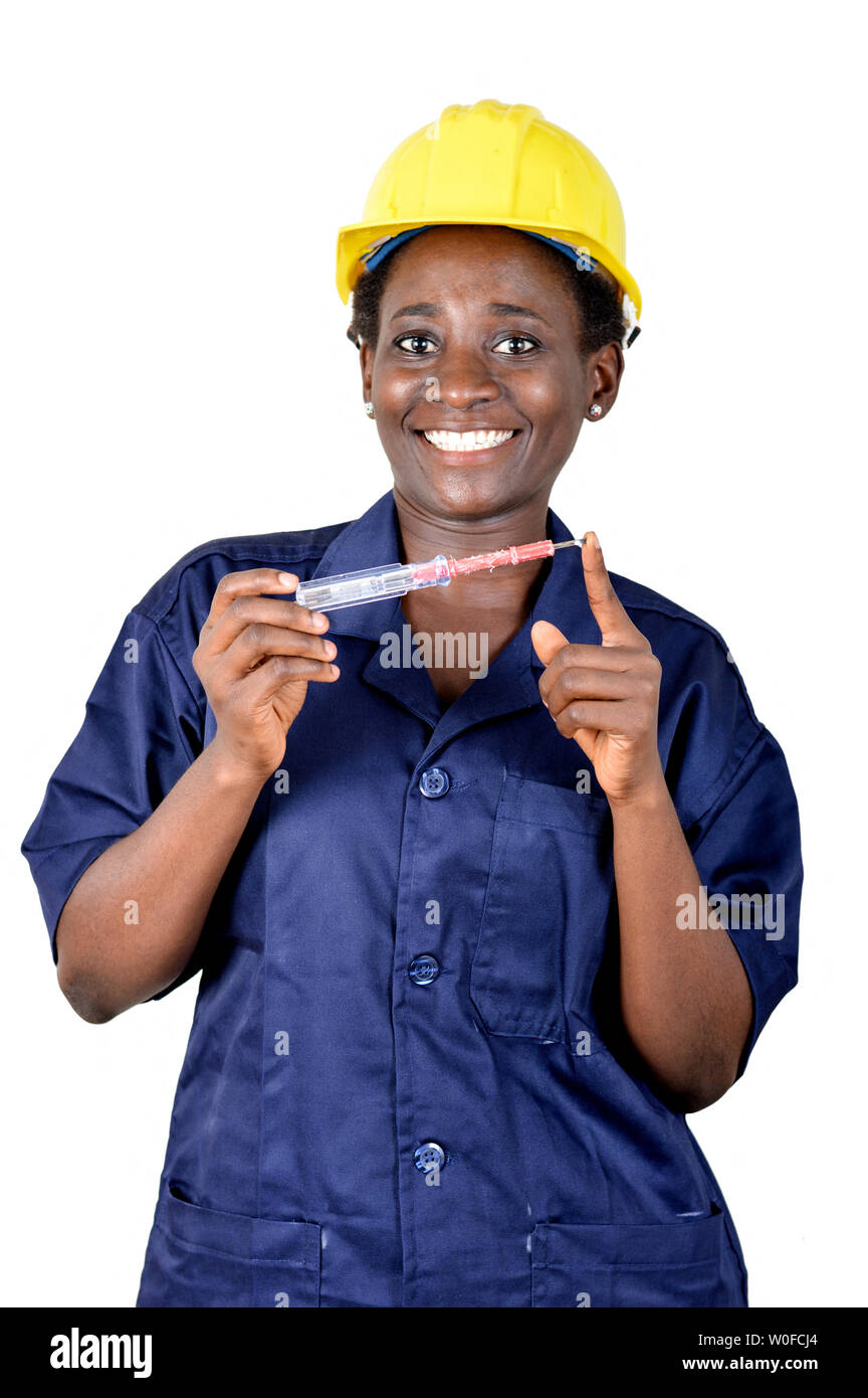 Smiling young woman showing her work tool Stock Photo - Alamy