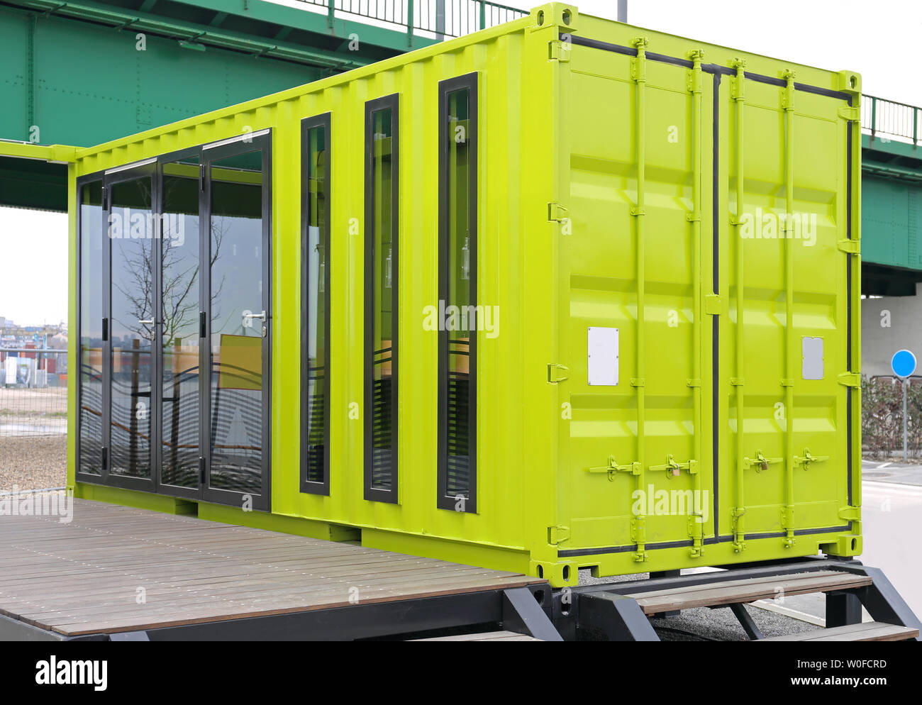 Green Cargo Container Converted For Living Small Home Stock Photo - Alamy