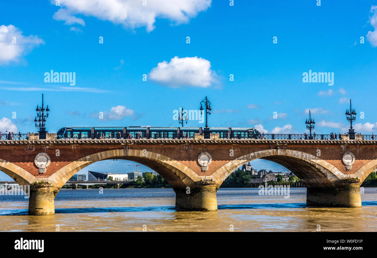 France, New Aquitaine, Bordeaux, stone bridge and tram (UNESCO World ...