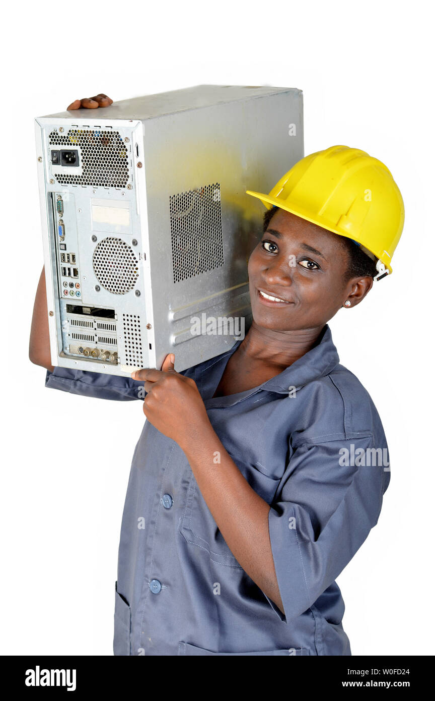 Young woman in computer maintenance loads a computer CPU on the ...