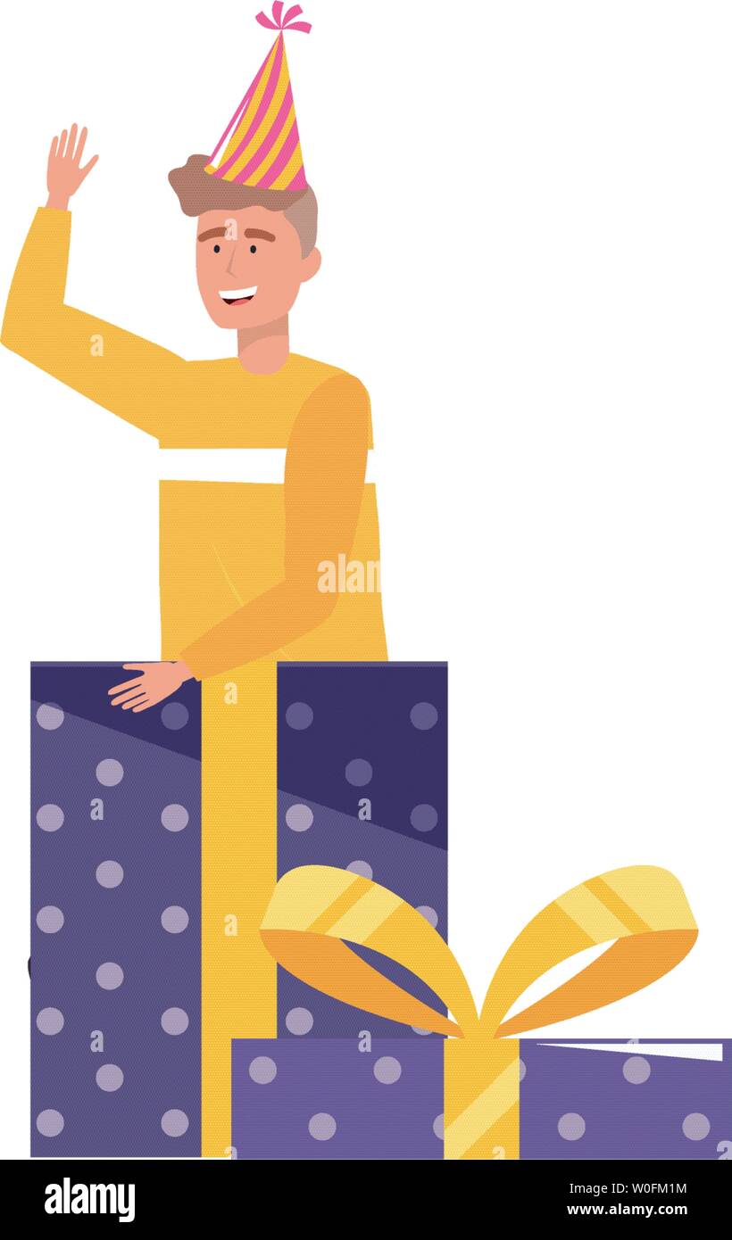 Man cartoon inside gift design, happy birthday celebration decoration ...