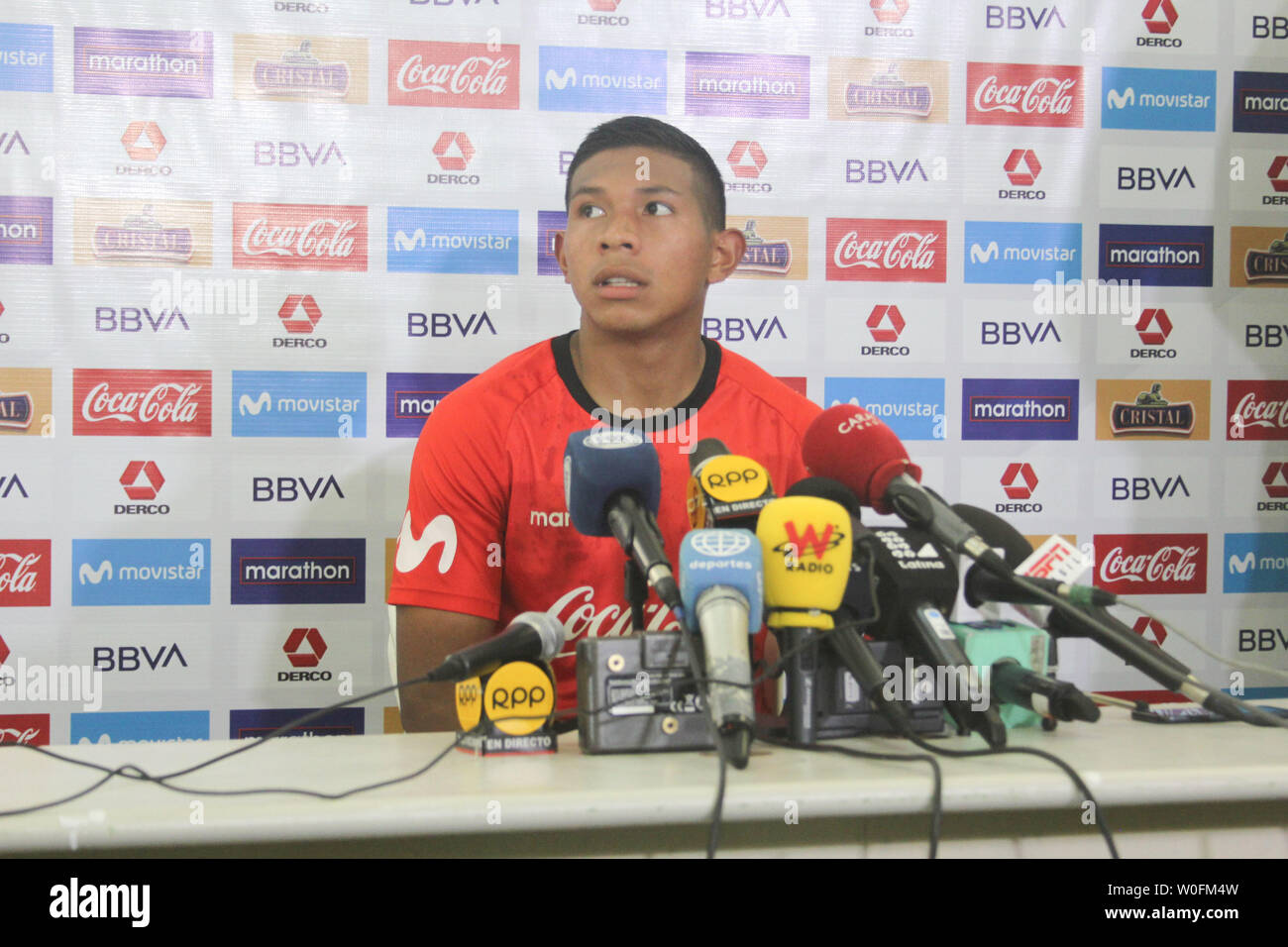 Brazil. 26th June, 2019. Edison Flores Peruvian soccer player gives ...