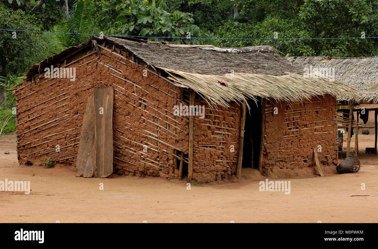 Mud and straw home of an Aka Pygmy family living in a remote, jungle ...