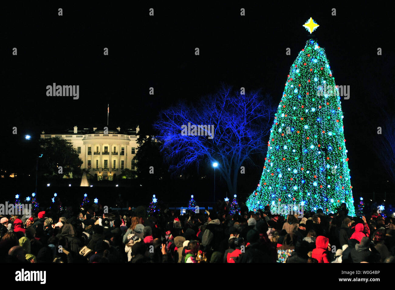 The National Christmas Tree is seen illuminated next to the White House ...