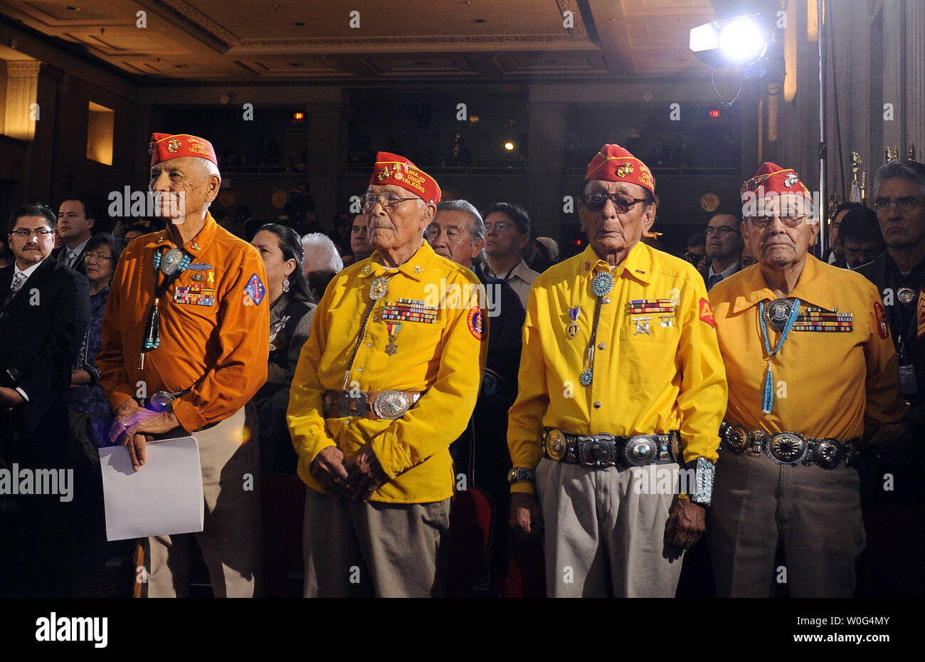 A Navajo Code Talkers and former U.S. Marines look on as U.S. President ...