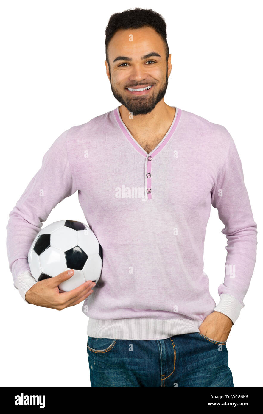 Happy smiling african man showing football Stock Photo - Alamy