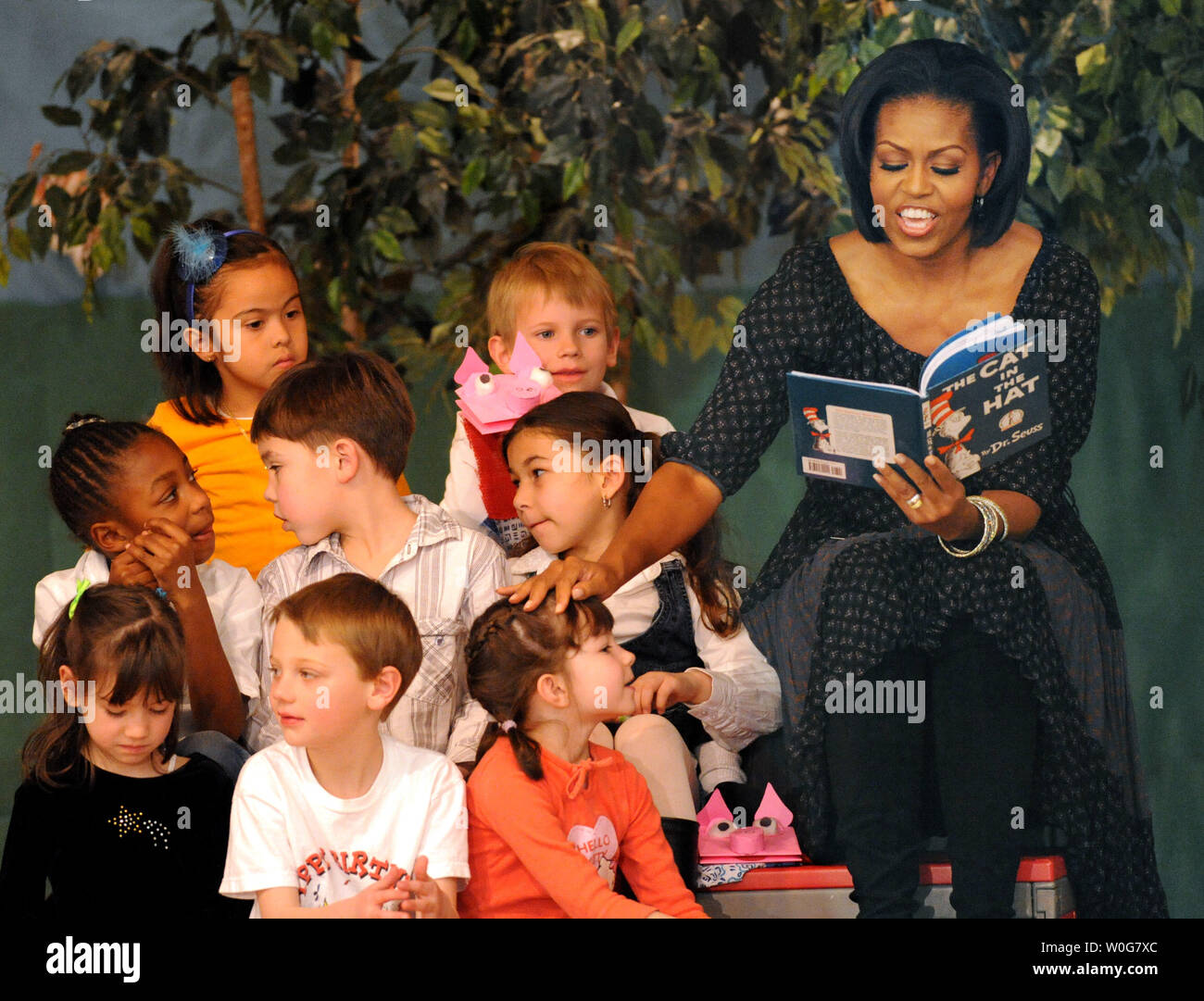 United States first lady Michelle Obama reads "The Cat in the Hat" with ...