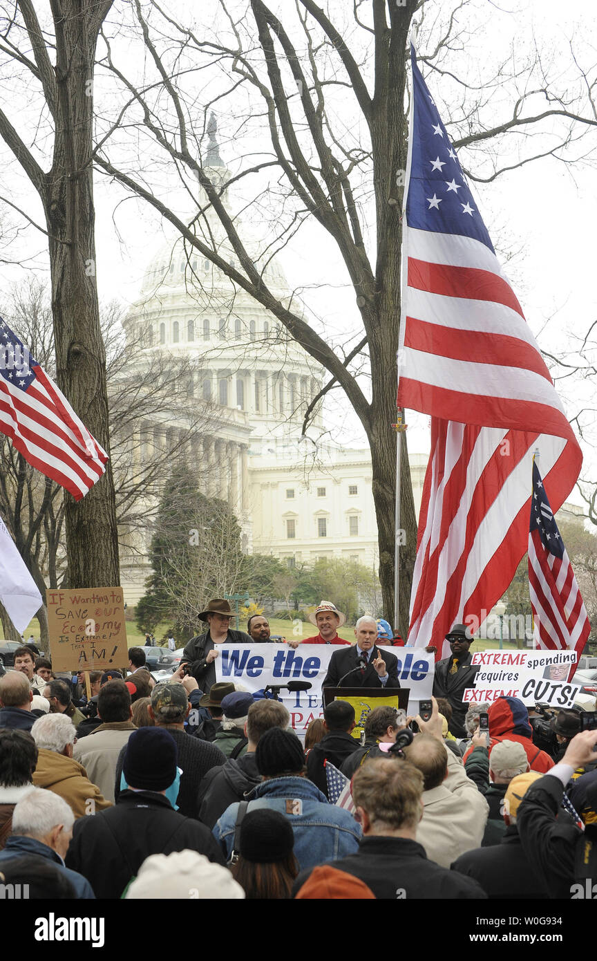 Rep. Mike Pence, R-IN, speaks during a Tea Party rally calling for cuts ...