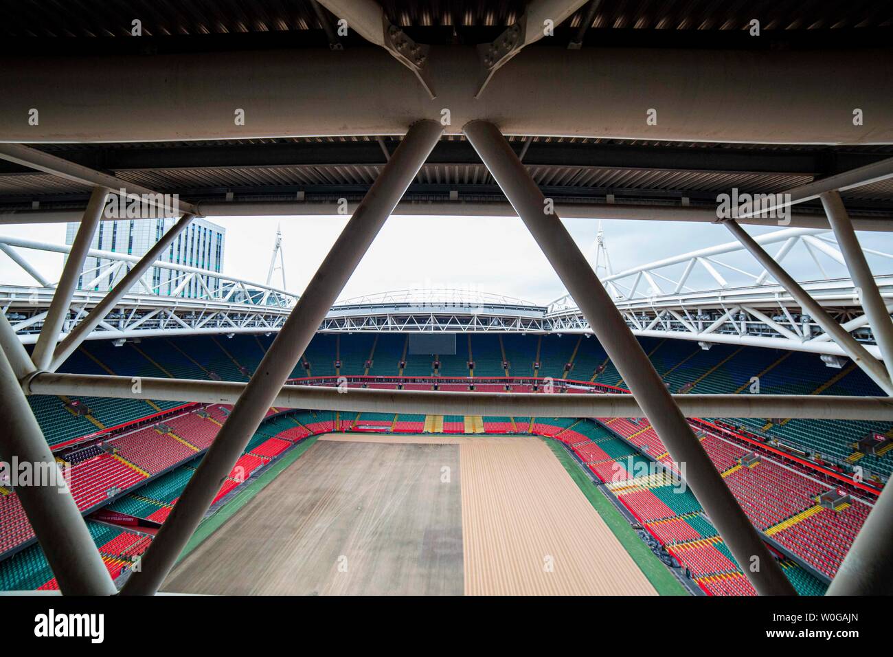 General view of the Principality Stadium from an elevated walkway ...