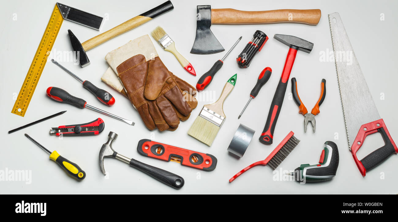 Many Tools on white background Stock Photo - Alamy