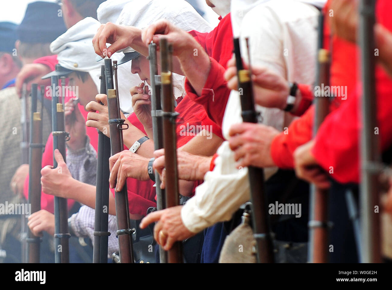 Union soldiers reload during the reenactment of the Battle of Bull Run ...