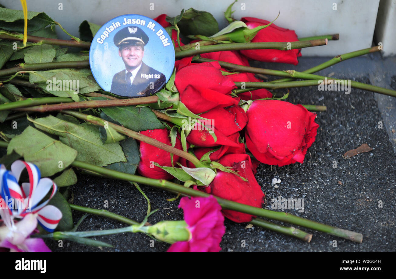 A button for Cpt. Jason Dahl, the pilot of United flight 93, is seen at ...