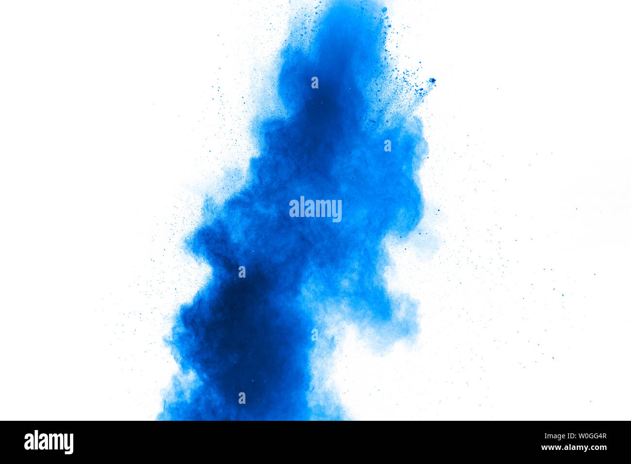 Bizarre forms of blue powder explode cloud on white background ...