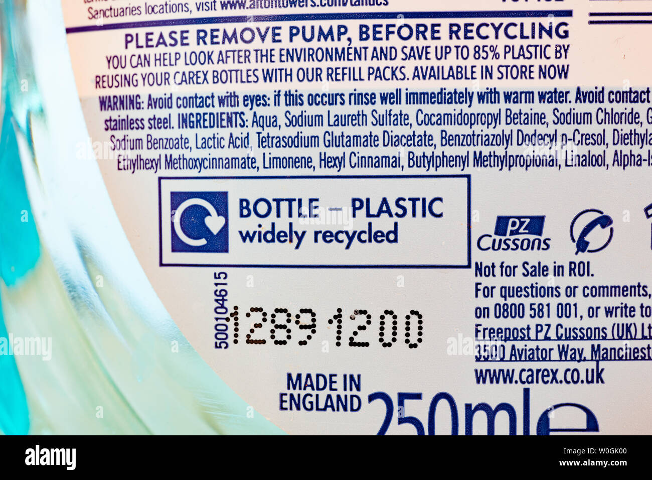 Recycling information on plastic drinks bottle. UK Stock Photo - Alamy