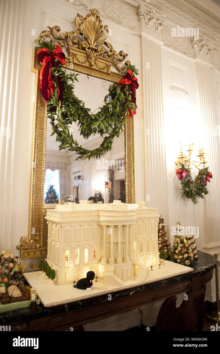 A gingerbread White House is seen during a holiday decoration preview ...