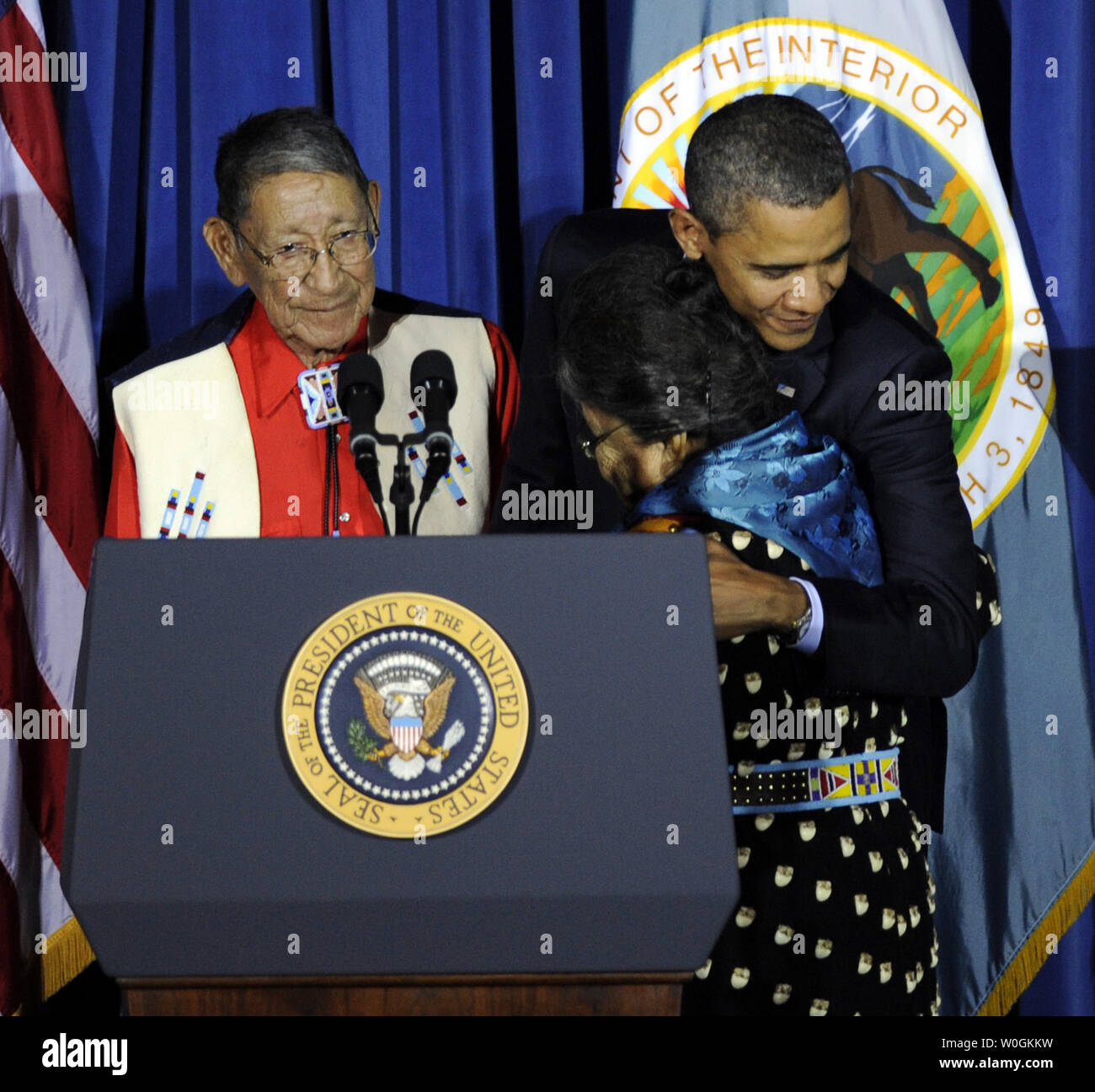 U.S. President Barack Obama greets his adopted Crow Nation parents Mary ...