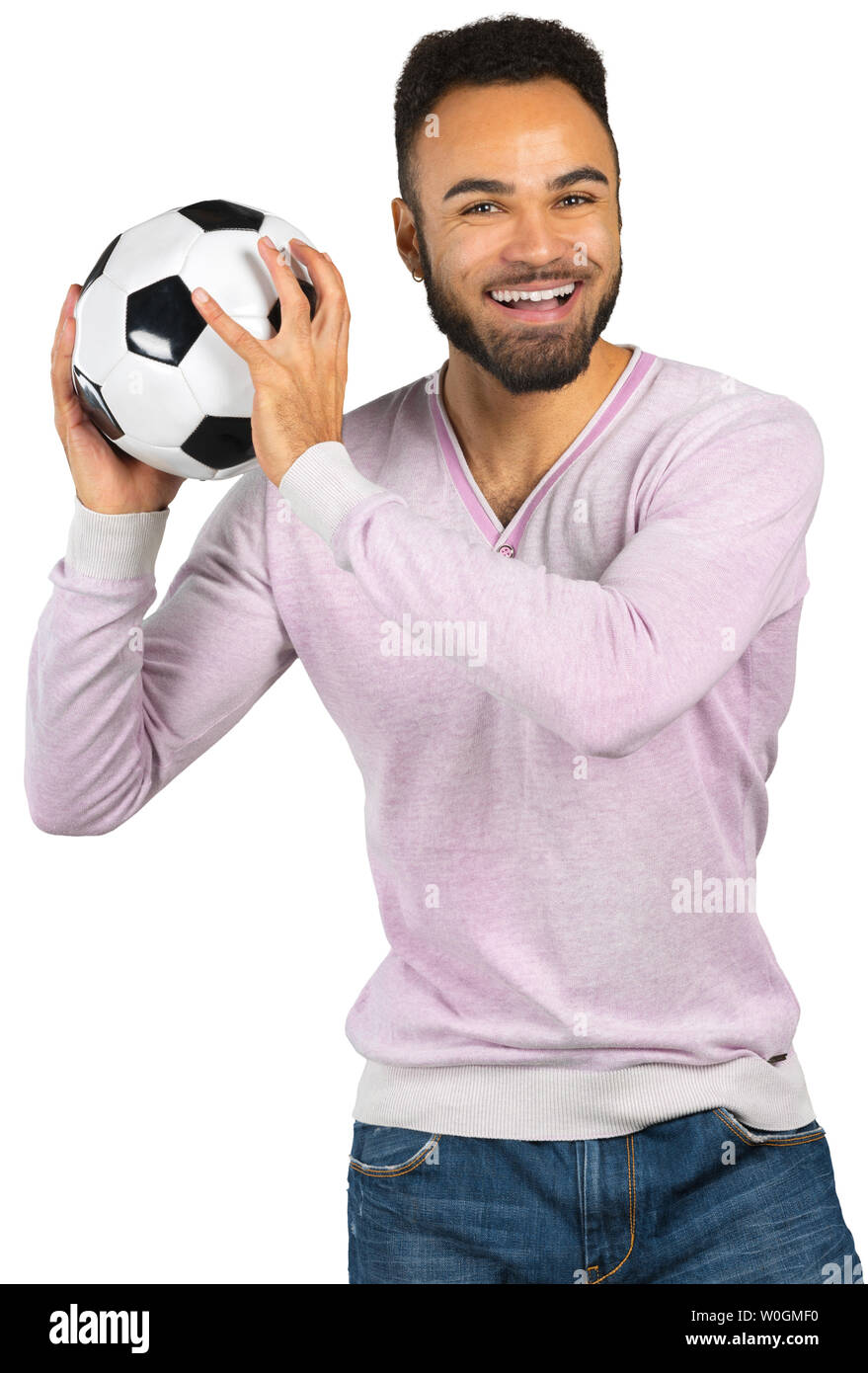 Happy smiling african man showing football Stock Photo - Alamy