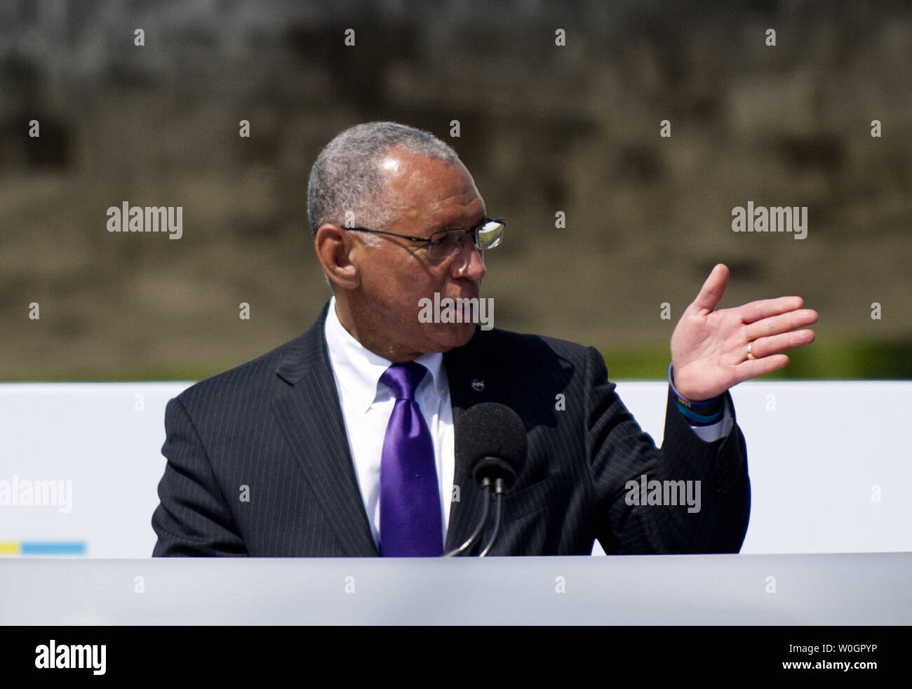 NASA Administrator Charles Bolden Jr. delivers remarks at a transfer ceremony for Shuttle ...