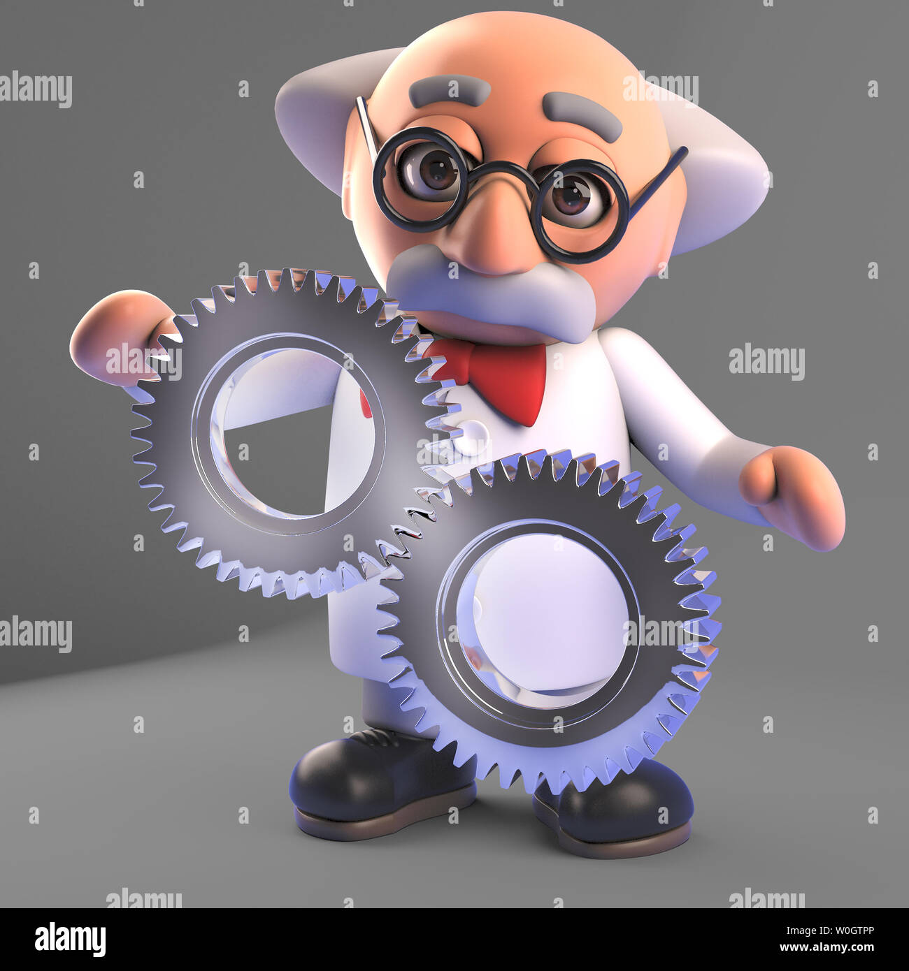 Clever mad scientist professor studies his cogs and gears, 3d ...