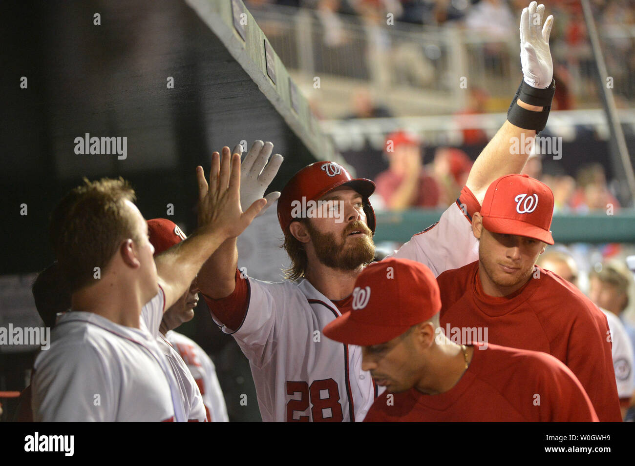 Washington Nationals Jayson Werth is congratulated by teammates after ...