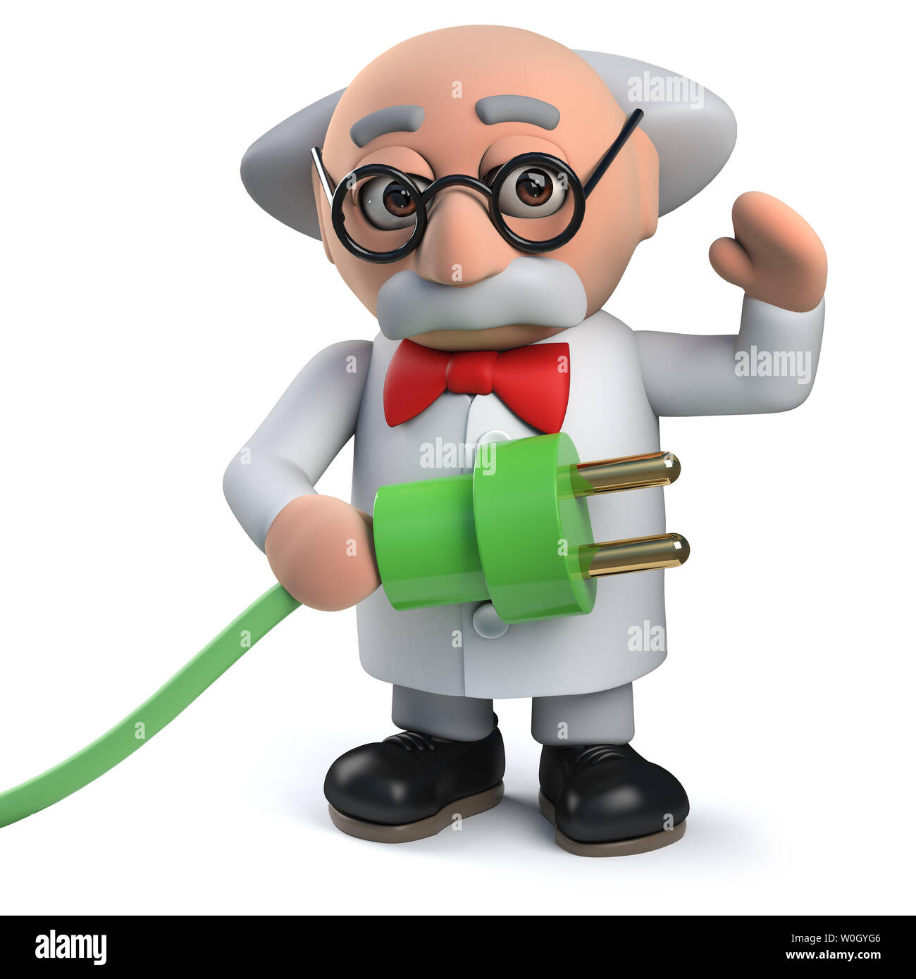 Render of a 3d mad scientist character holding a green power lead with ...