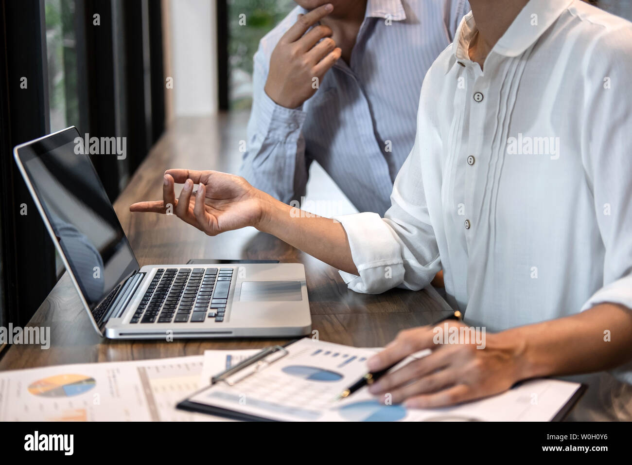 Businessman accountant and secretary making working audit and ...