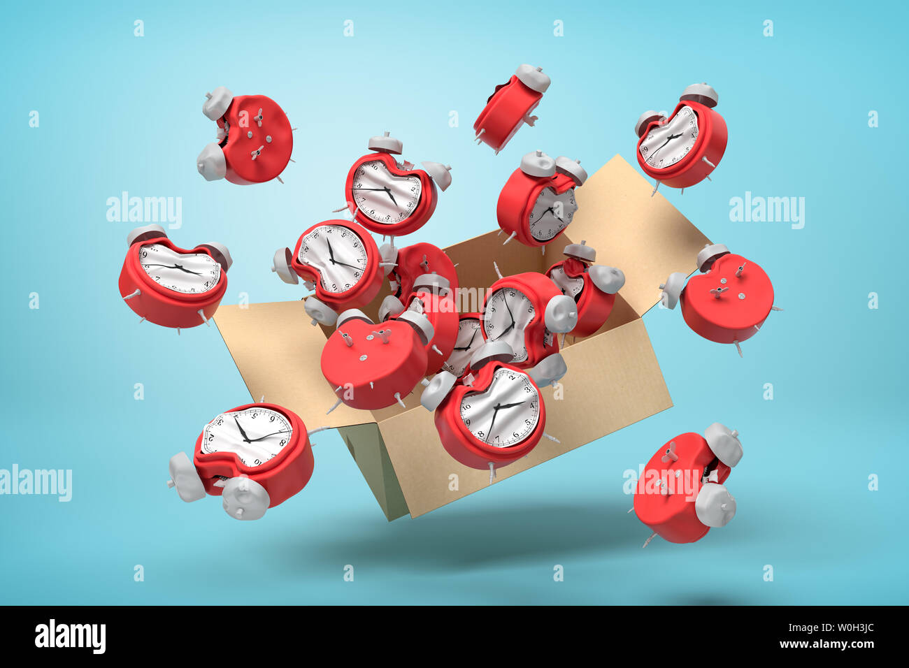 3d rendering of cardboard box in air full of bent deformed alarm clocks ...