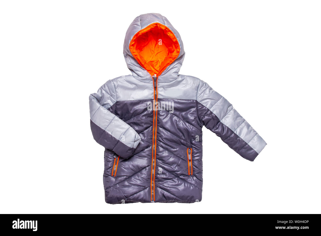 Winter jacket isolated. A stylish black warm down jacket with orange ...