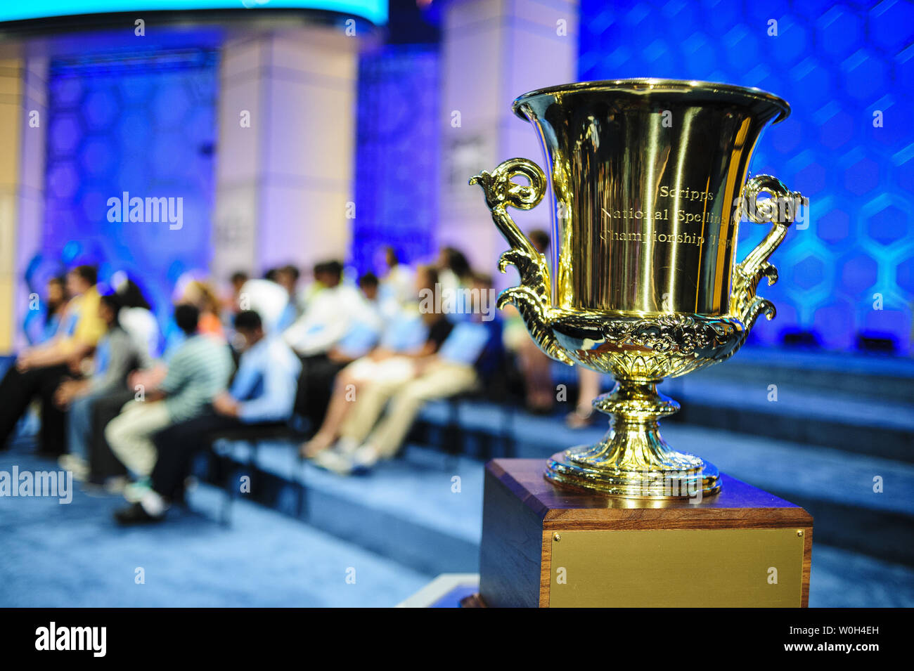 The trophy stands ready for the winner of the Scripps National Spelling ...