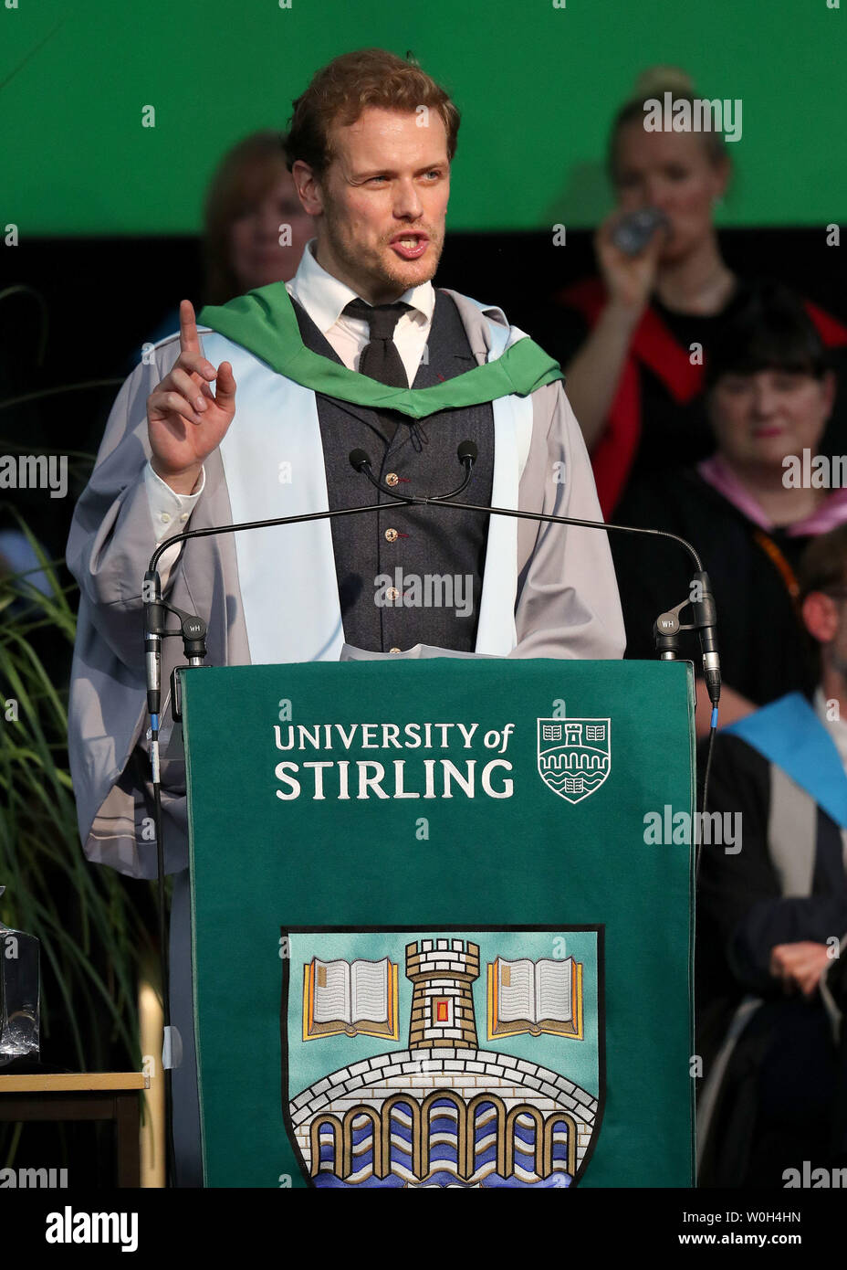 Outlander actor Sam Heughan makes a speech after receiving his honorary ...